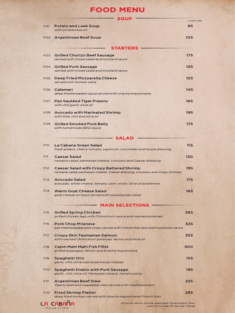 La Cabana - Food Menu (English) | PDF