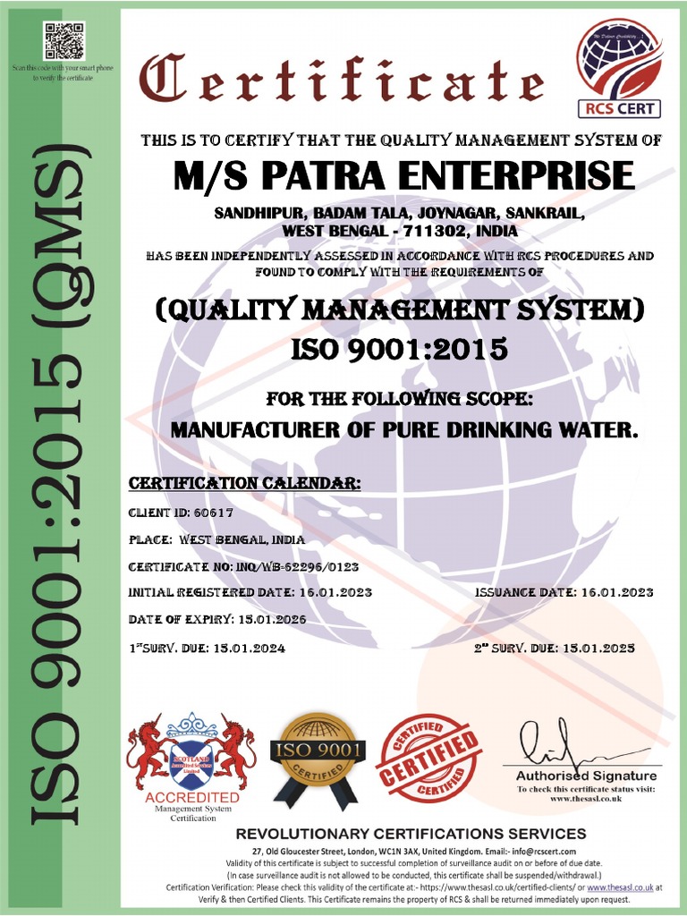 MS Patra Enterprise - 9001 - RCS | PDF