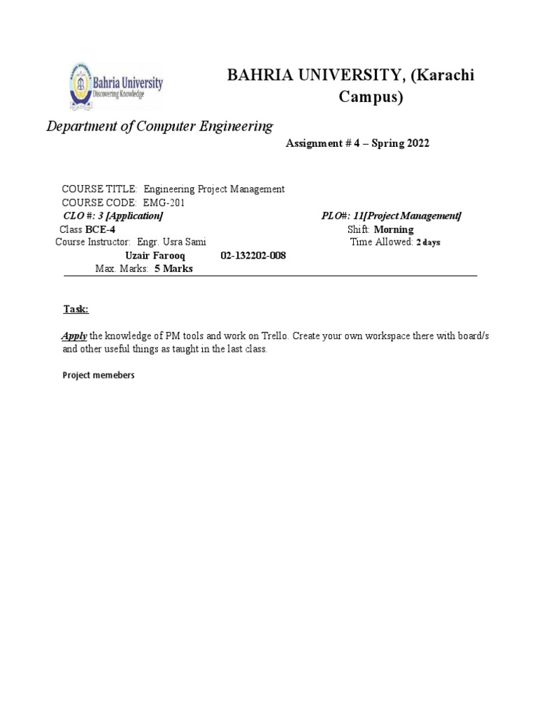 Bahria University Computer Engineering Project Management Assignment Trello Board | PDF