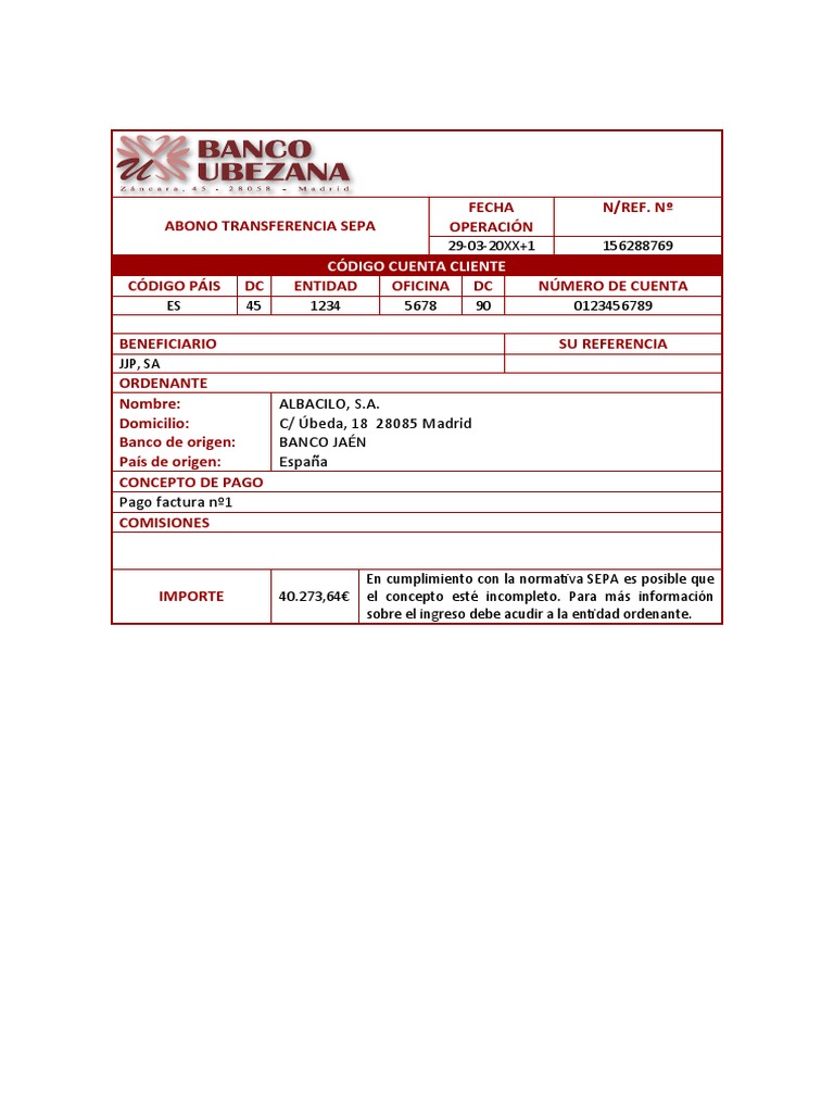 P3. Año 20XX+1. Asiento 24. Justificante de Abono Transferencia Banco Ubezana | PDF