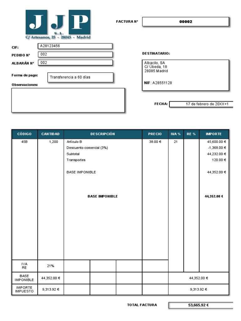 P3. Año 20XX+1. Asiento 14. Factura #2 de JJP SA | PDF