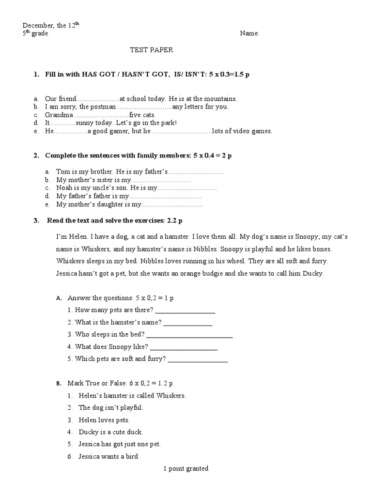 5th Grade English Test Paper | PDF | Language Arts & Discipline | Home ...