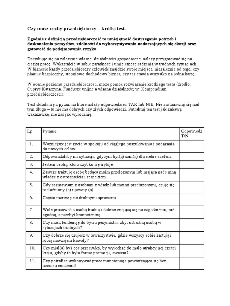 Czy Masz Cechy Przedsiebiorcy - Test Z Opisem | PDF