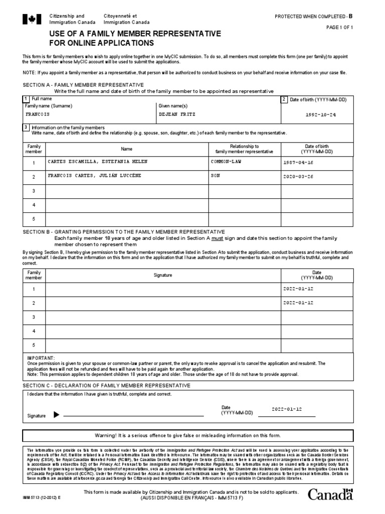 IMM 5713E - Use of A Family Member Representative For Online ...