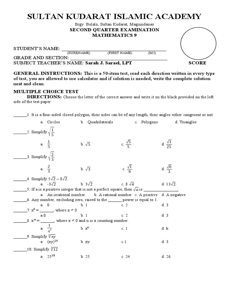 2nd Quarter Exam | PDF | Geometry | Geometric Shapes