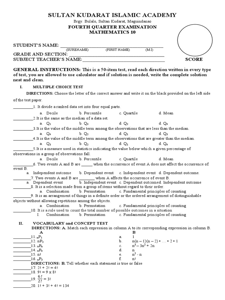 4th Quarter Exam g10 | PDF | Median | Percentile