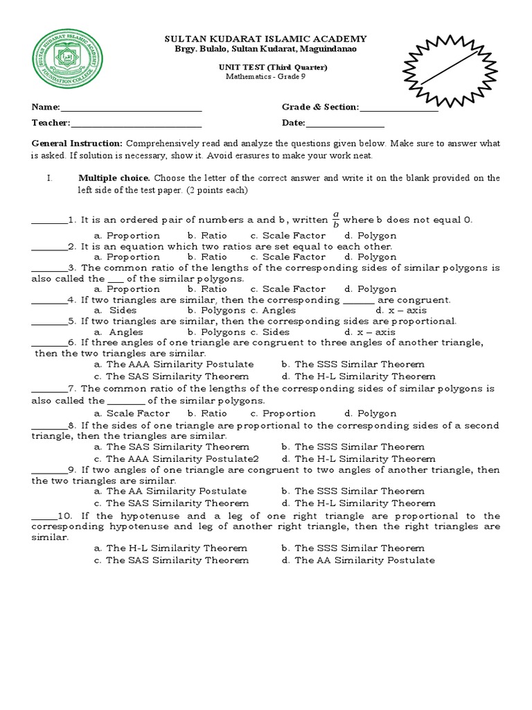 3rd Unit Test MATH 9 SARAEL | PDF | Triangle | Mathematical Objects