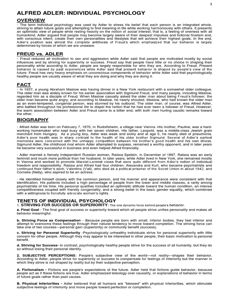 Lesson 4 Individual Psychology Alfred Adler PDF | PDF | Sigmund Freud ...