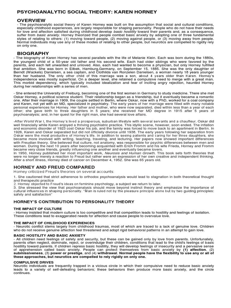 Lesson 6 Psychoanalytic Social Theory Karen Horney PDF | PDF | Sigmund ...