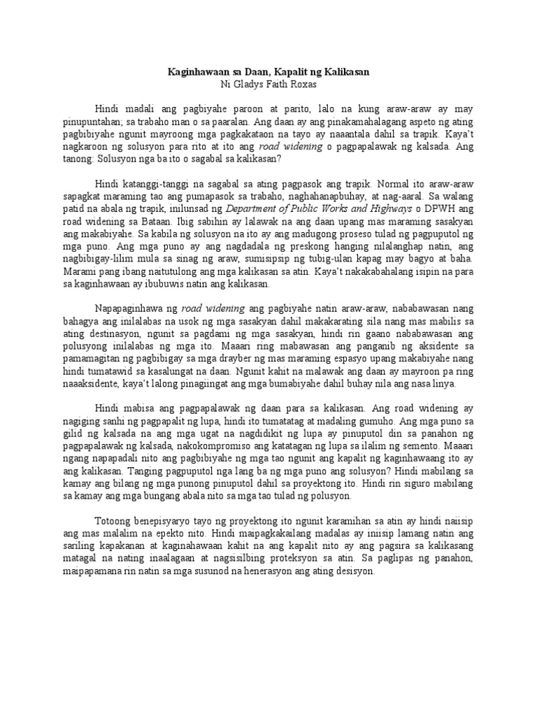 Kaginhawaan Sa Daan, Kapalit NG Kalikasan - Roxas | PDF