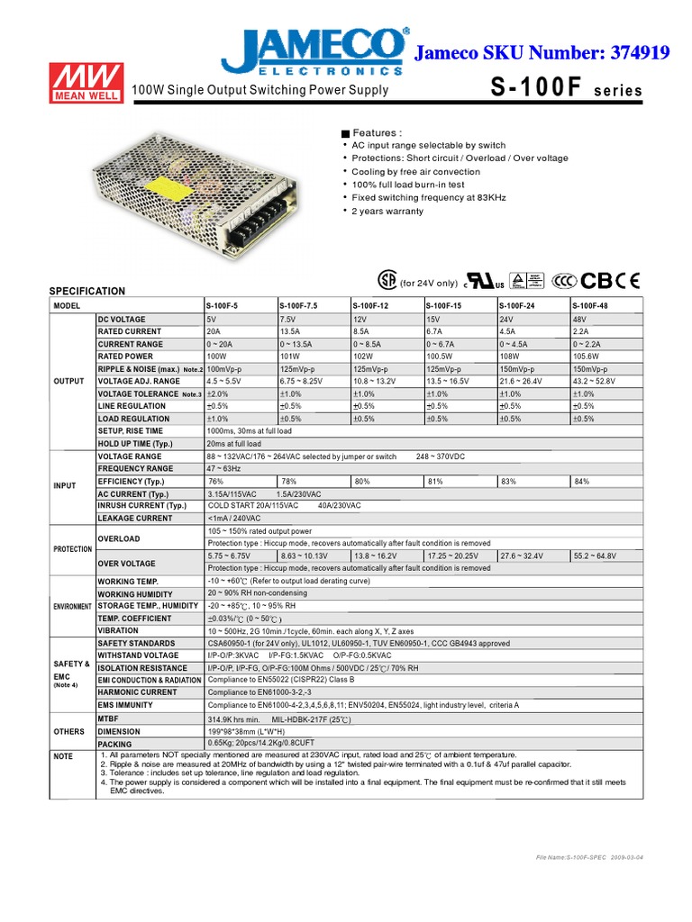 S 100F 7.5 Mean Well | PDF | Power Supply | Rectifier