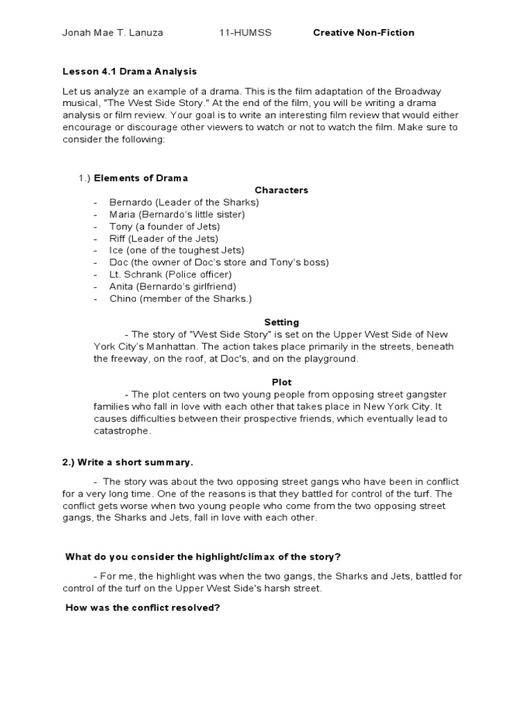 Drama Analysis of West Side Story | PDF | Art | Mystery, Thriller ...