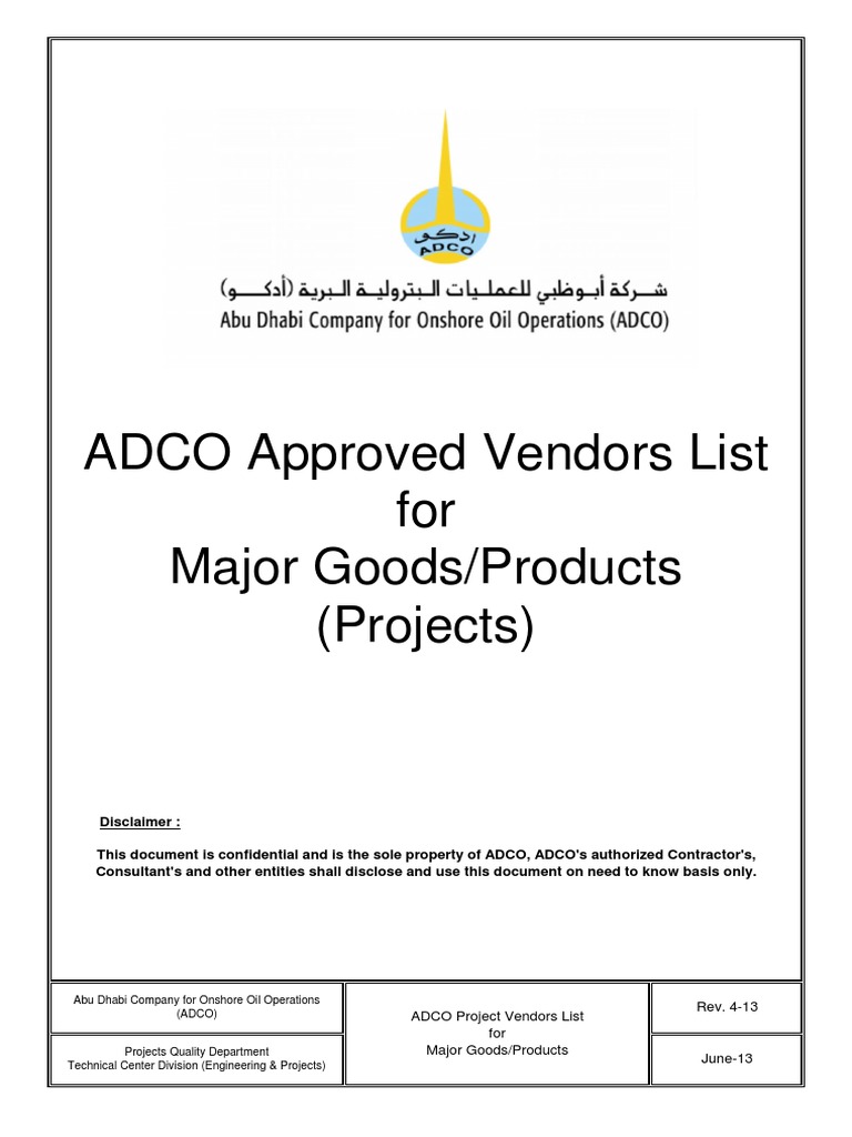 ADCO Approved Vendors List - Rev 4-13 | PDF | Pipe (Fluid Conveyance) | Telephone
