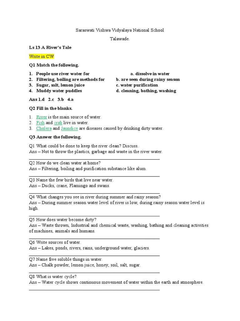 A River's Tale Class 4 Worksheet | PDF