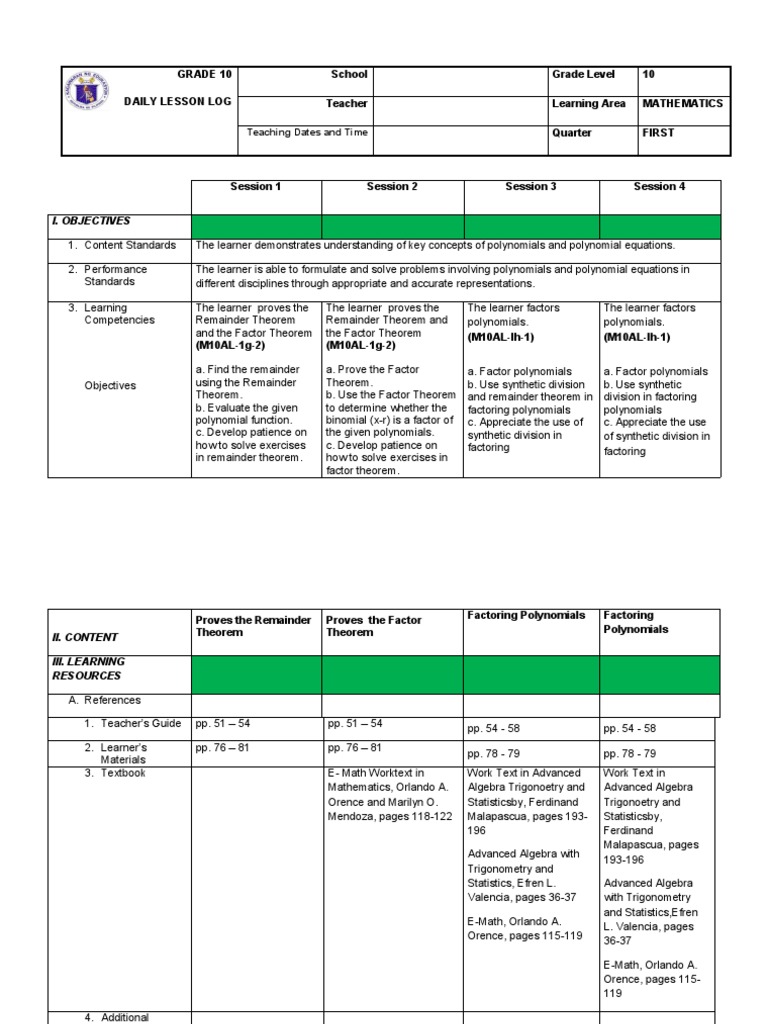 Grade 10 Daily Lesson Log School Grade Level 10 Teacher Learning Area Mathematics Quarter First ...