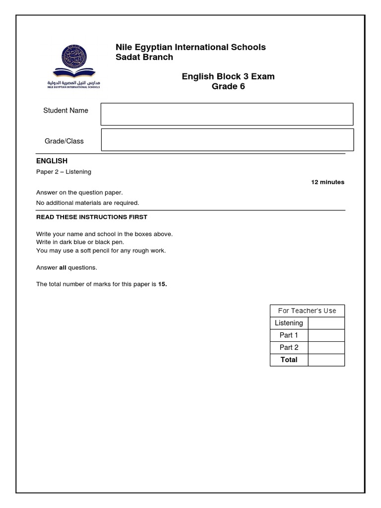 Block Exam - Block 3 - g6 - Listening Paper | PDF