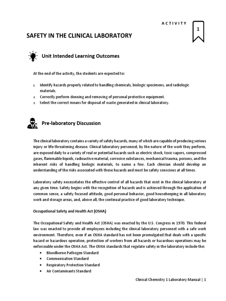 Activity 1 - Safety in The Clinical Laboratory | PDF | Laboratories | Personal Protective Equipment
