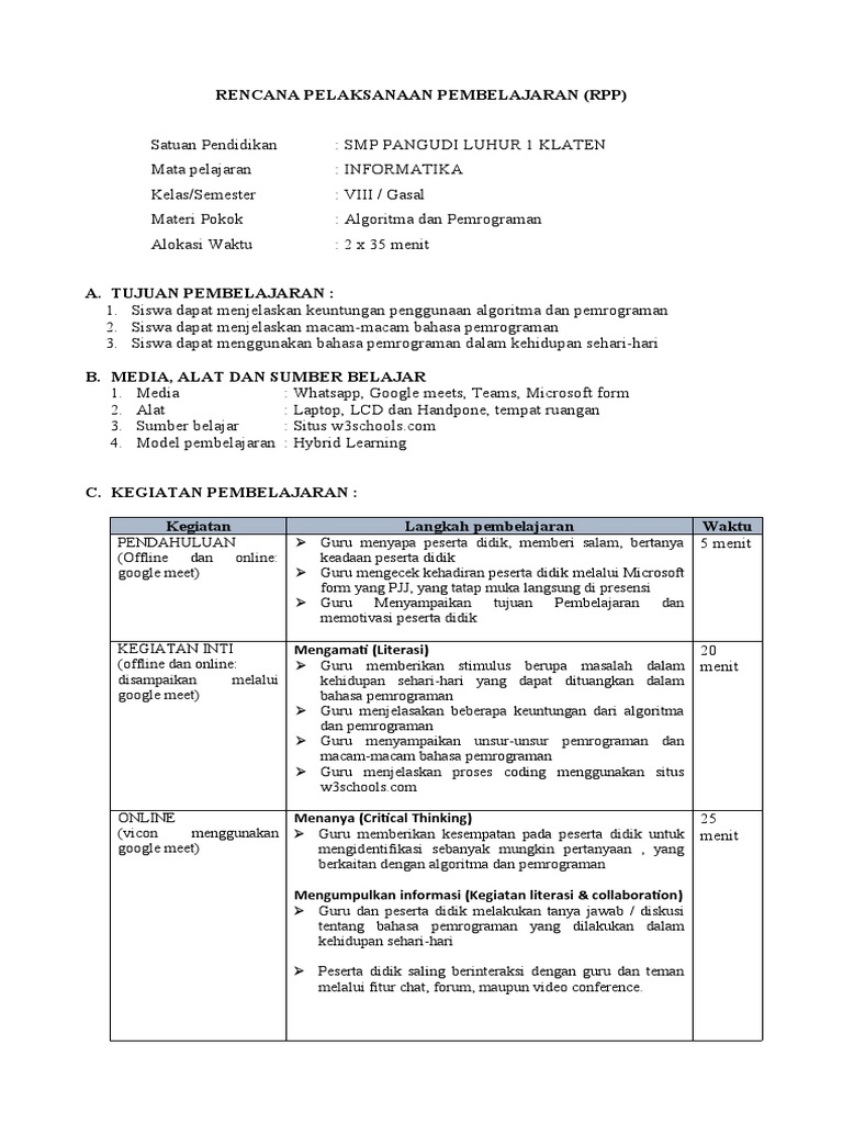 Rpp Informatika Algoritma Dan Pemrograman Pdf