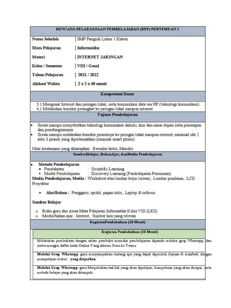 RPP Informatika Kelas 8 | PDF