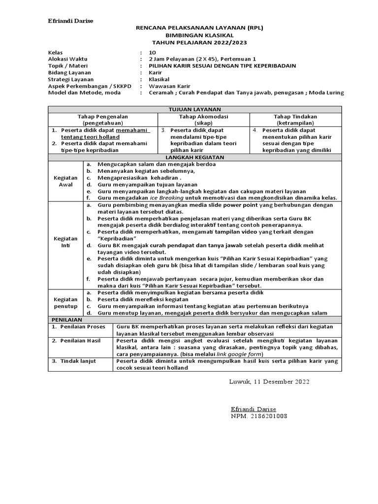 Rencana Pelaksanaan Layanan (RPL) Bimbingan Klasikal TAHUN PELAJARAN ...