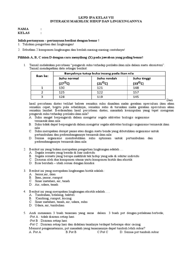 LKPD Ipa Kelas Vii Interaksi Makhluk Hidup | PDF | Sains & Matematika