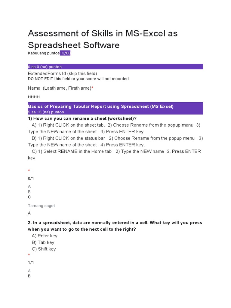 Assessment of Skills in MS EXCEL | PDF | Software Engineering ...