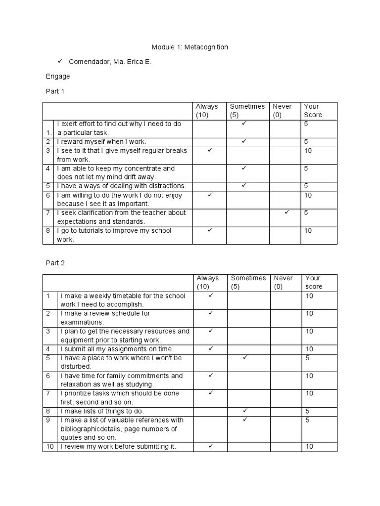Metacognition and Study Habits Assessment | PDF | Metacognition ...