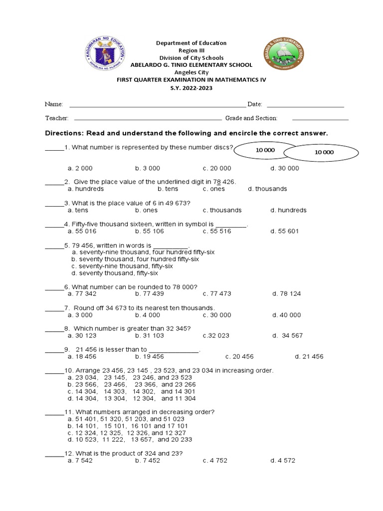 First Quarter Examination in Mathematics IV: An Assessment of Place Value, Rounding, Estimation ...