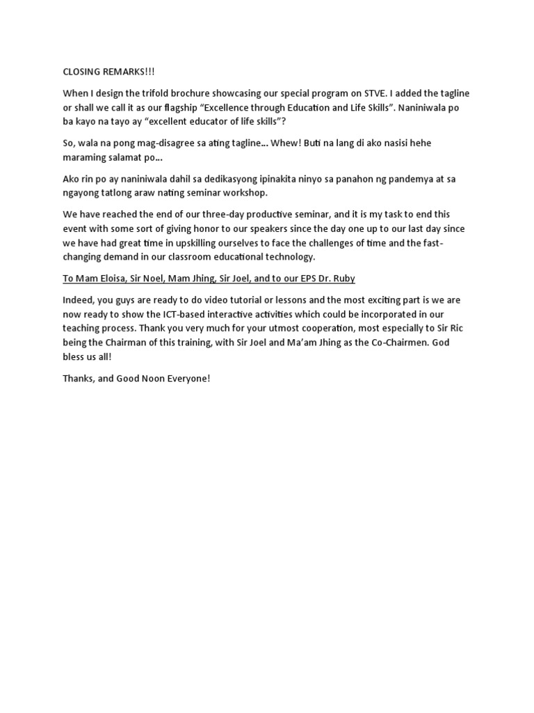 Closing Remarks for STVE Seminar | PDF