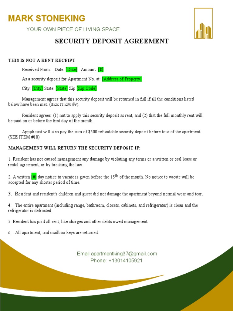 Security Deposit Agreement Form | PDF | Finance & Money Management | Law