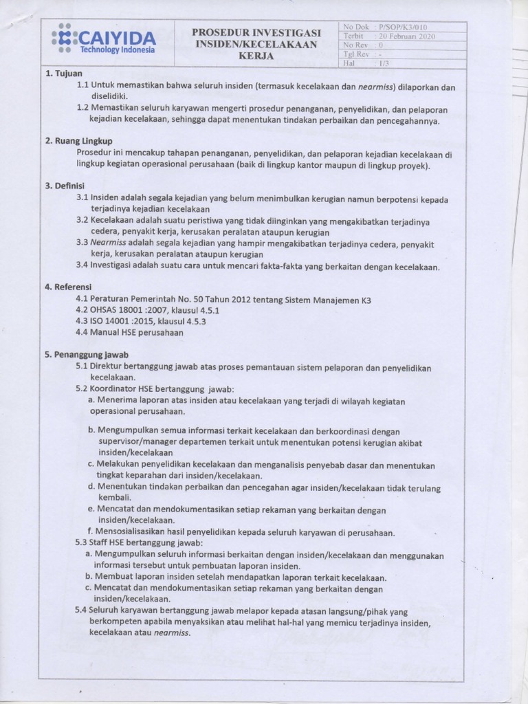 P-Sop-K3-010 Prosedur Investigasi Insiden Dan Kecelakaan Kerja | PDF