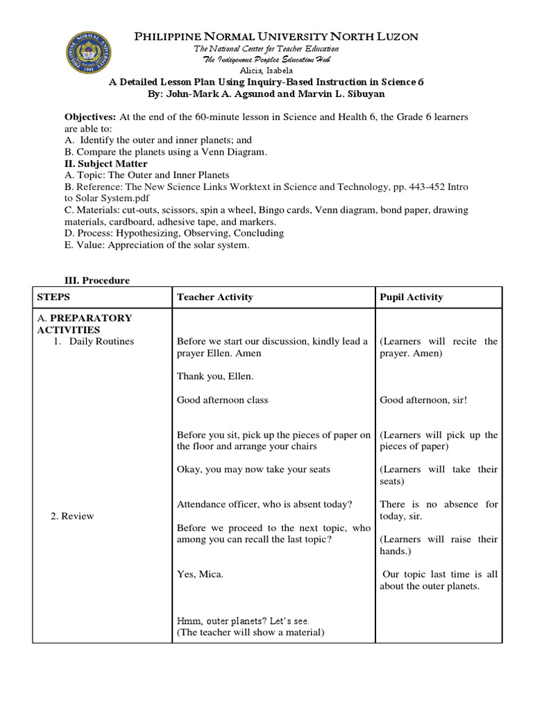 A Detailed Lesson Plan Using Inquiry Based in Science and Health 6 ...