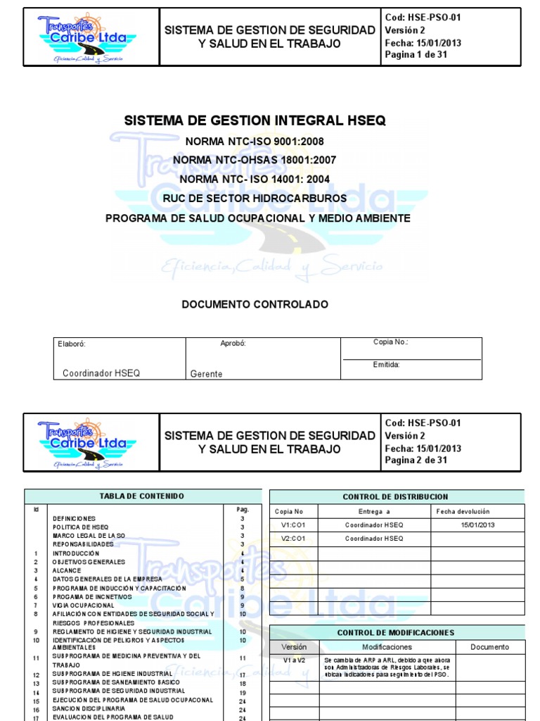 HSE-PSO-01 Programa de Salud Ocupacional (V2) | PDF | Seguridad y salud ...