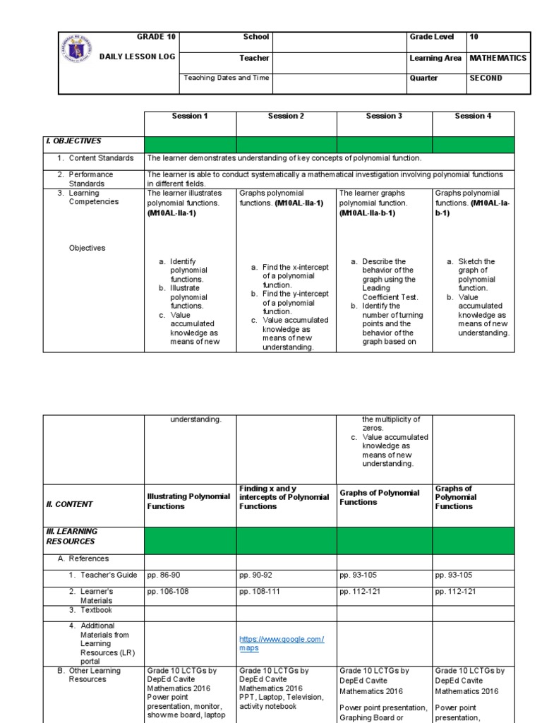 Grade 10 Daily Lesson Log School Grade Level 10 Teacher Learning Area MATHEMATICS Quarter Second ...
