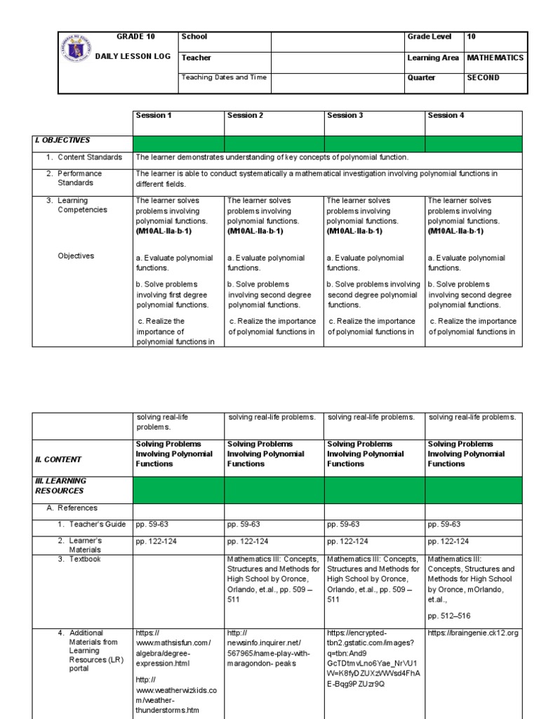 Grade 10 Daily Lesson Log School Grade Level 10 Teacher Learning Area MATHEMATICS Quarter Second ...