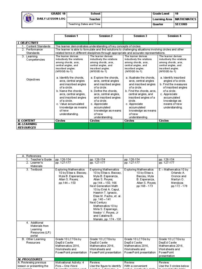 Grade 10 Daily Lesson Log School Grade Level 10 Teacher Learning Area MATHEMATICS Quarter Second ...