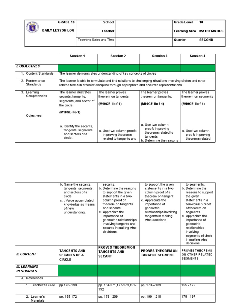 Grade 10 Daily Lesson Log School Grade Level 10 Teacher Learning Area MATHEMATICS Quarter Second ...