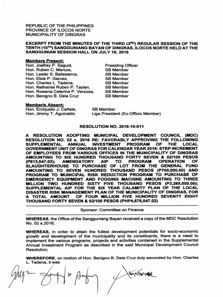 Municipal Resolution No. 2016 10 011 MDC Supplemental AIP | PDF