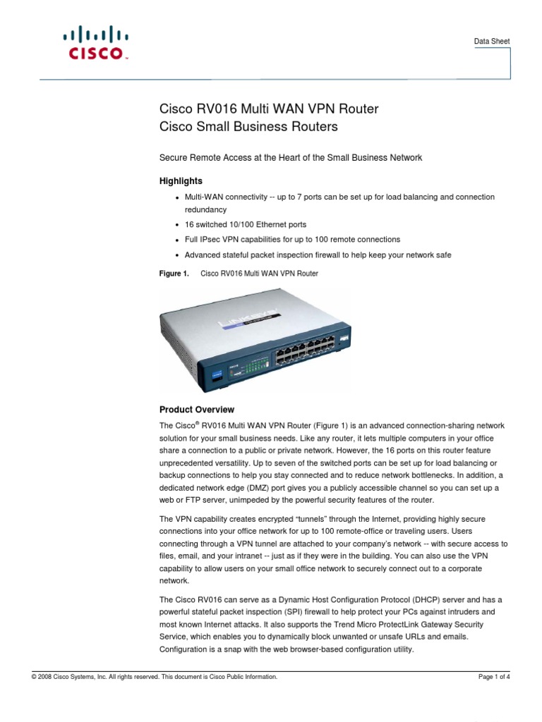 Cisco RV016 Multi WAN VPN Router Cisco Small Business Routers | PDF | Virtual Private Network ...