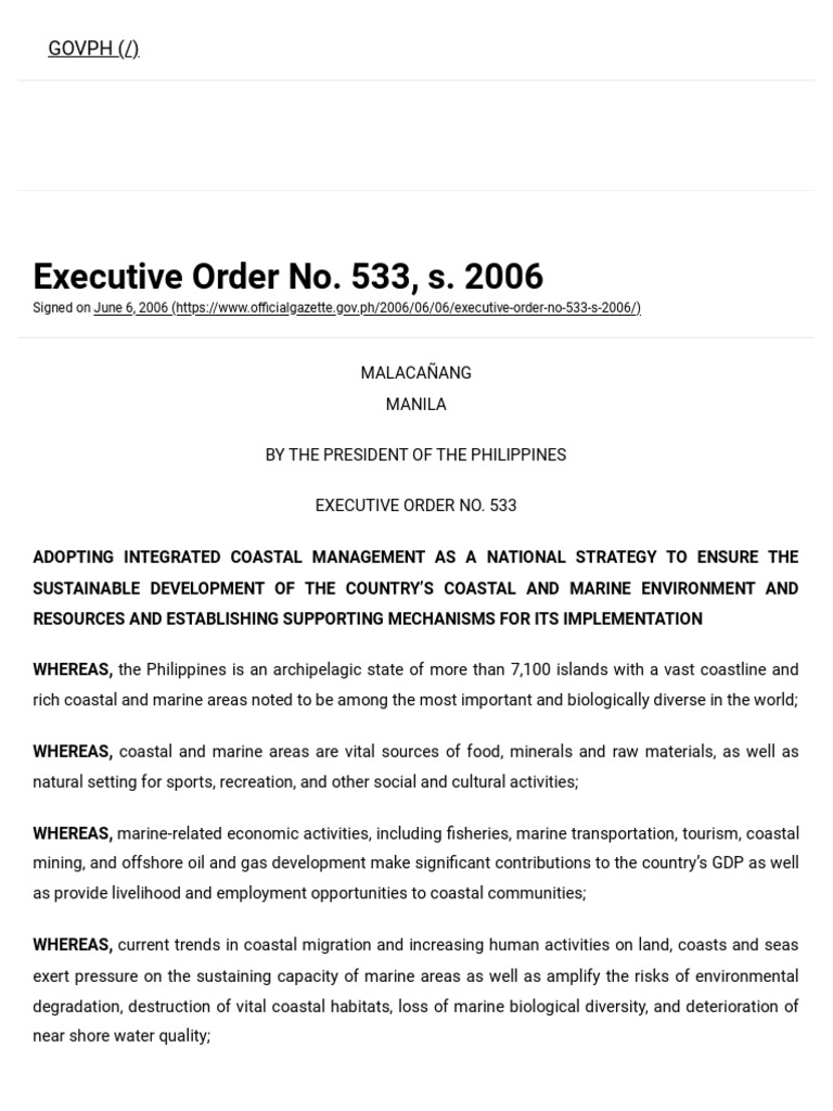Executive Order 533: Coastal Management | PDF | Sustainability ...