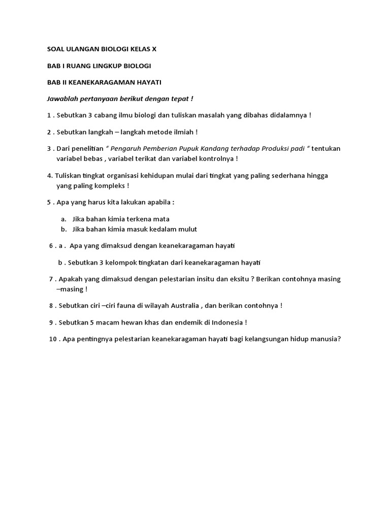 Soal Ulangan Biologi Kelas X | PDF | Ilmu Sosial | Sains & Matematika