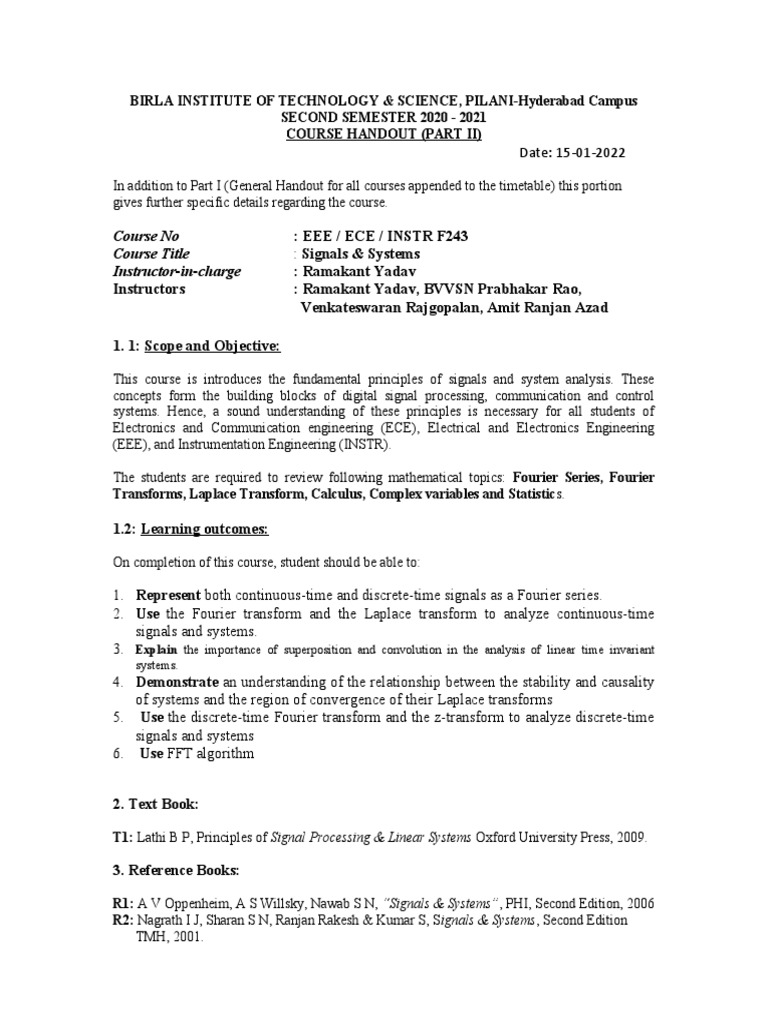 EEE - ECE - INSTR - F243 - Signals and Systems - 2021-22 - Ramakant ...