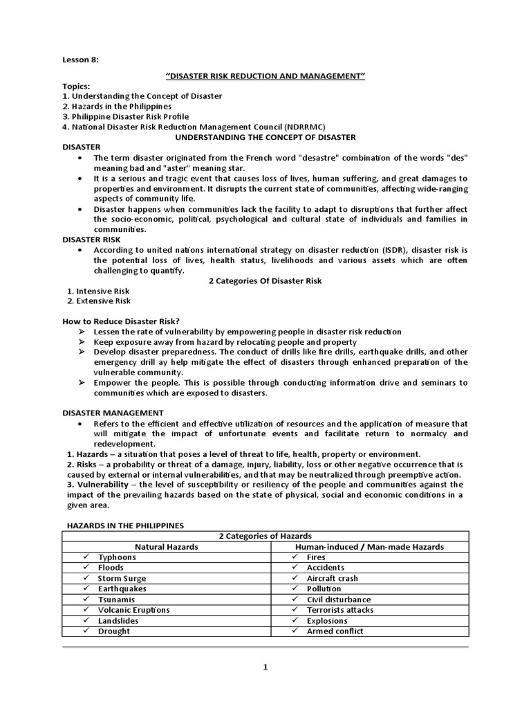 Lesson 8 Disaster Risk Reduction and Management | PDF | Hazards ...