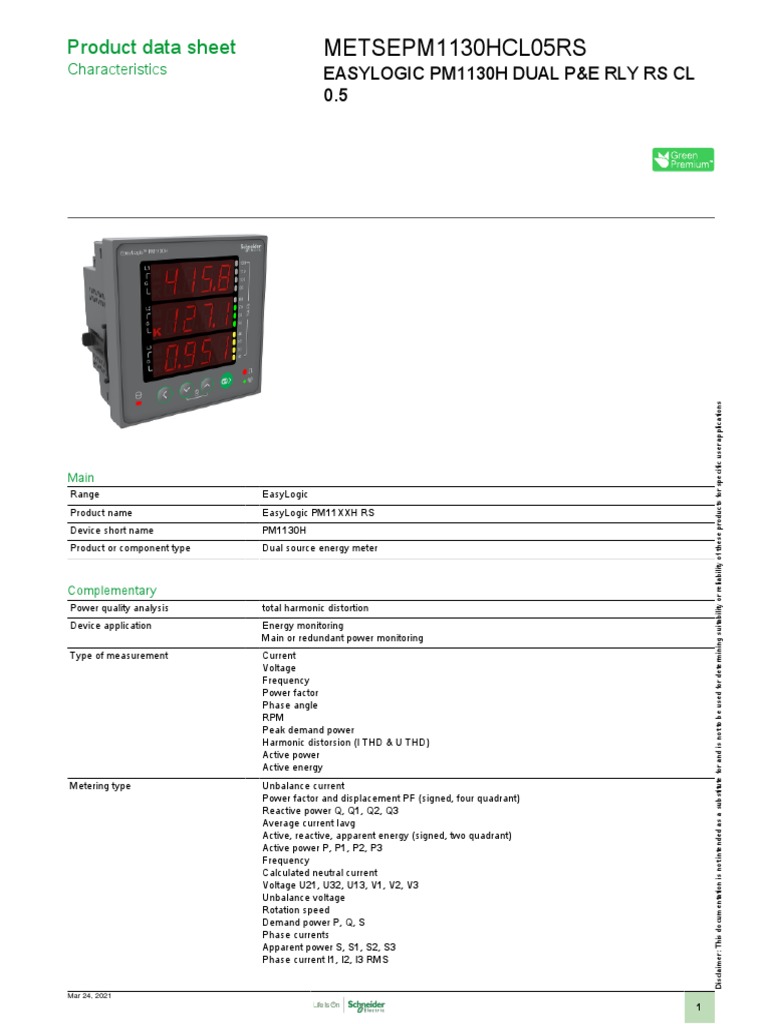 EasyLogic PM1130H Dual Source Meters - METSEPM1130HCL05RS | PDF | Ac ...