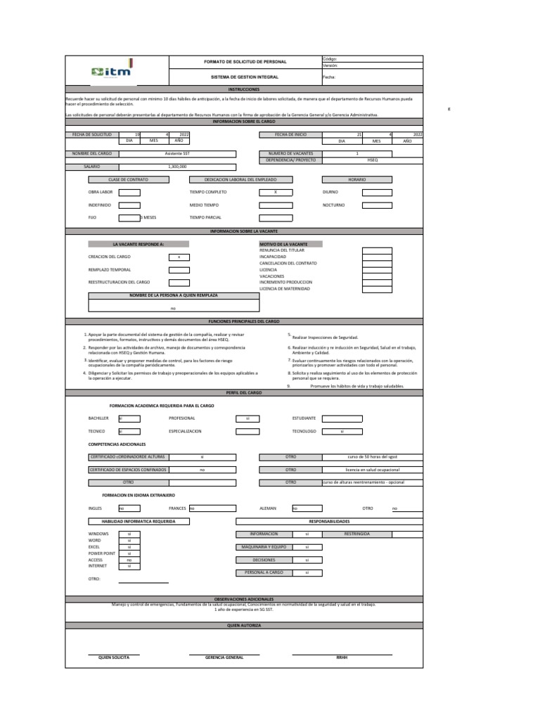 Formato Solicitud de Personal - Asistente SST | Descargar gratis PDF | Gestión de recursos humanos