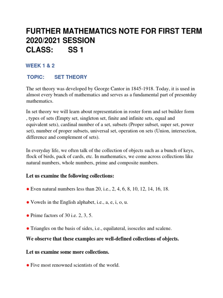 SS 1 Further Mathematics Note For First Term 2020 | PDF | Set ...