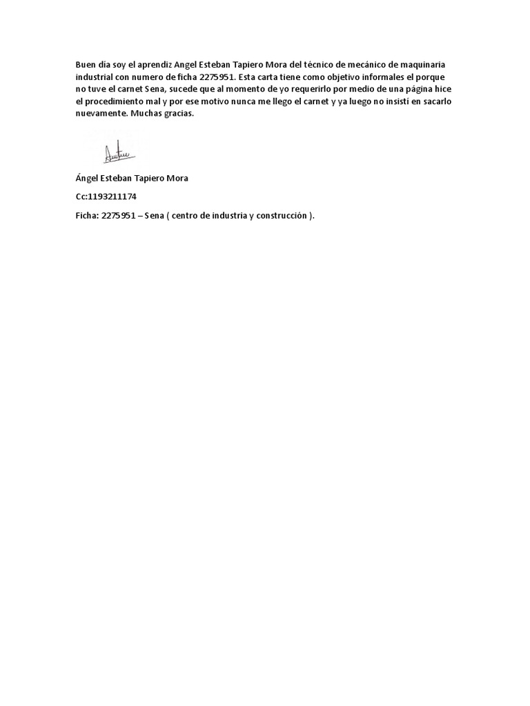 Carta Explicación de Carnet Sena | PDF