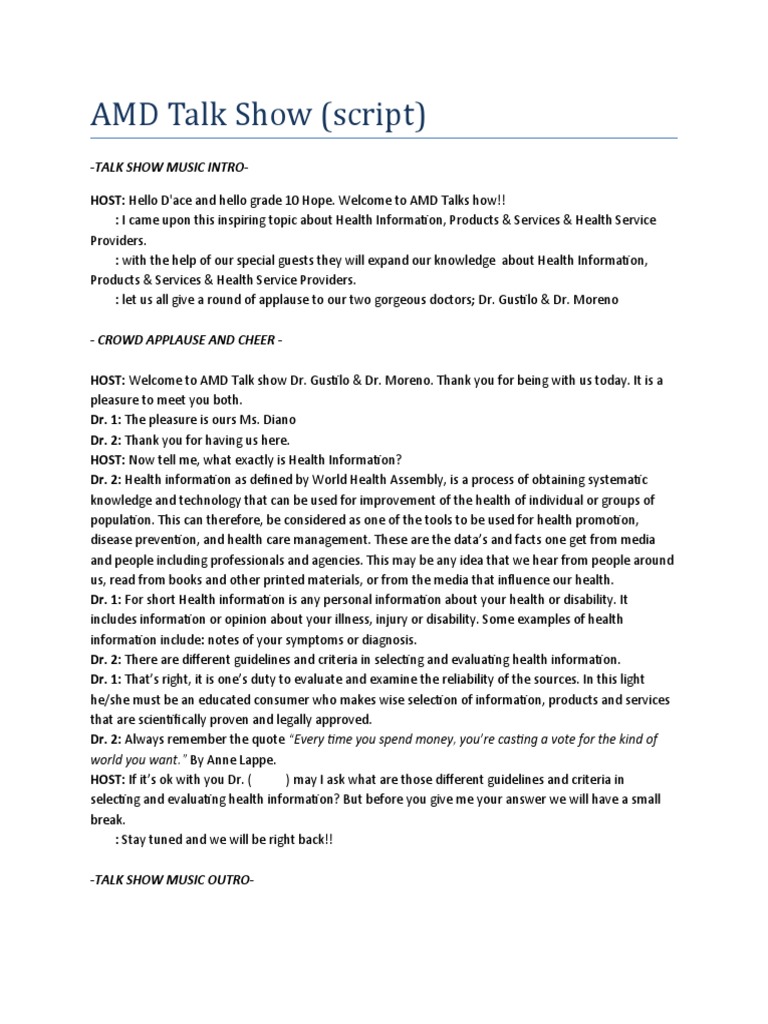 Amd Talk Show Script - 10 Hope | Download Free PDF | Health Care ...