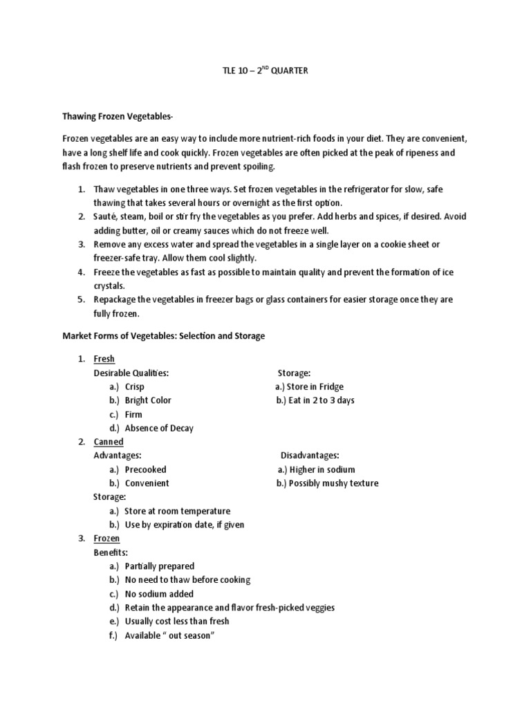 Tle 10 Pdf Vegetables Cooking