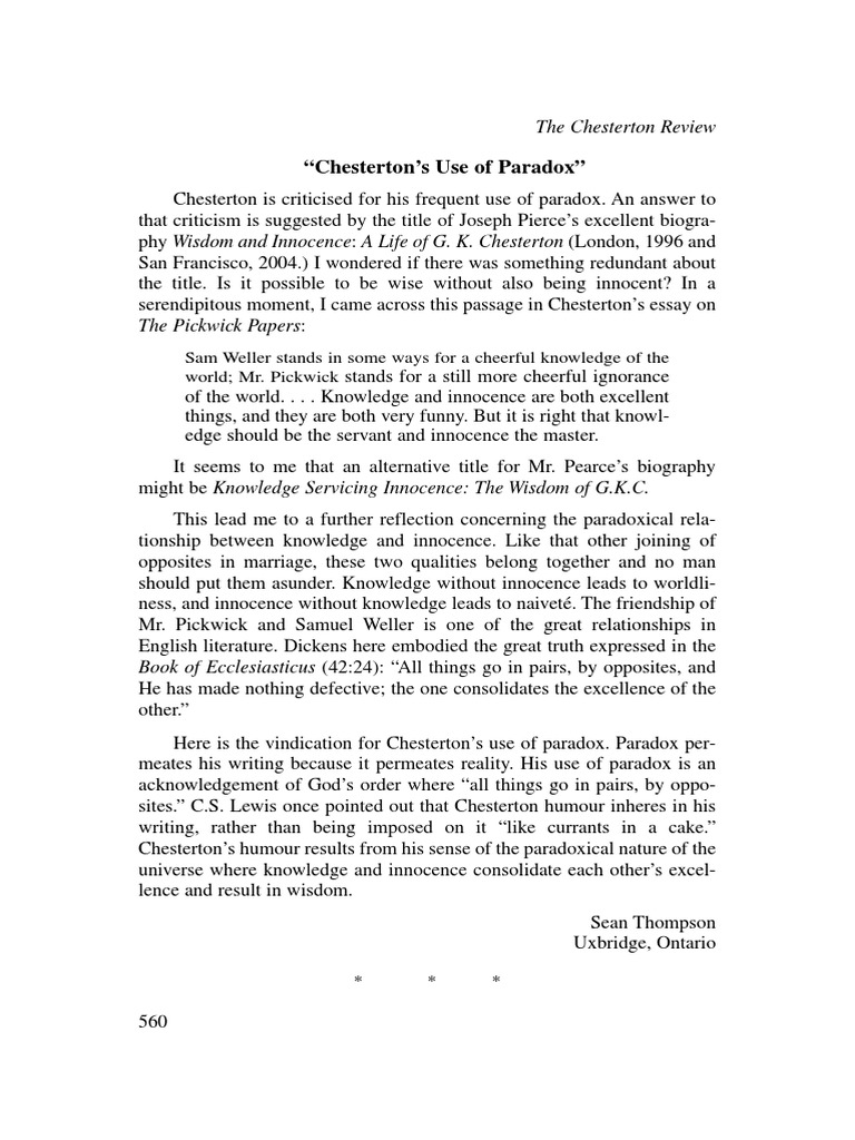 Sean Thompson Chesterton's Use of Paradox | PDF | G. K. Chesterton